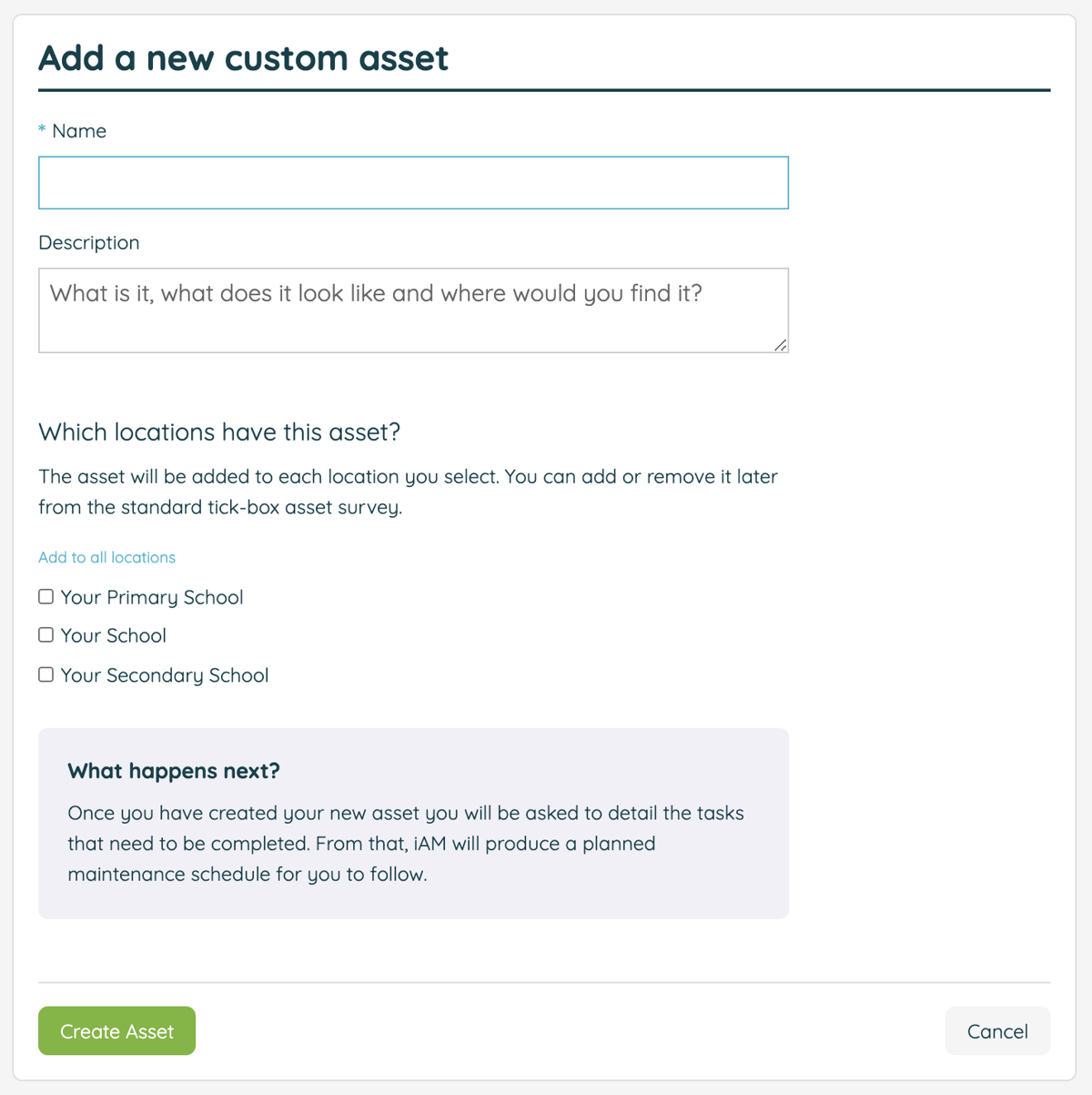 How can I add a custom asset or a custom task?