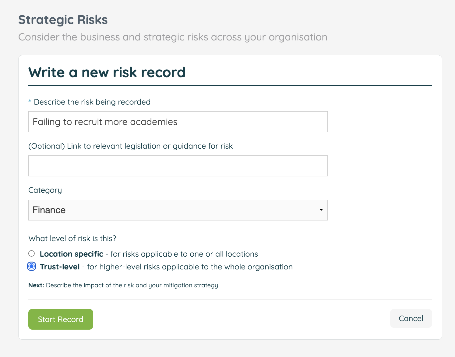 How can I create a risk record only appropriate for Trust level staff ...
